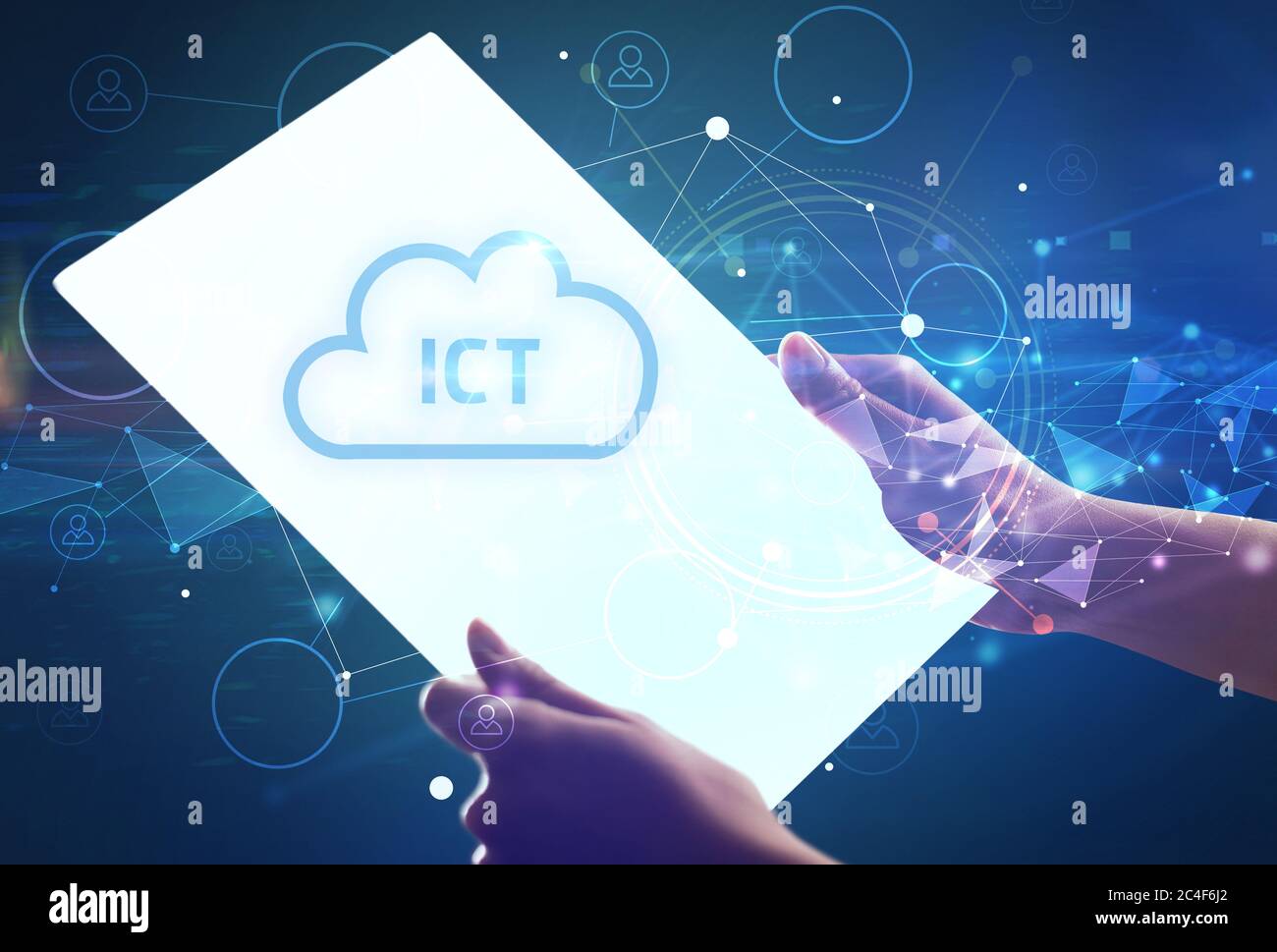 Hand holdig futuristic tablet with ICT inscription, modern technology ...
