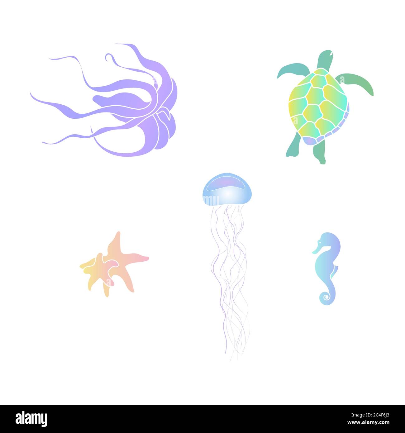 A set of sea animals: octopus, marine turtle, starfishes, jellyfish and ...