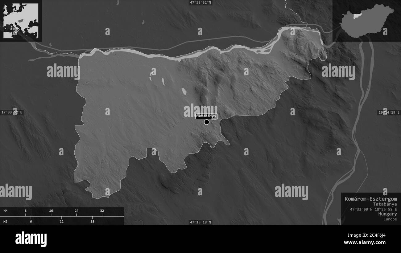 Komárom-Esztergom, county of Hungary. Grayscaled map with lakes and ...