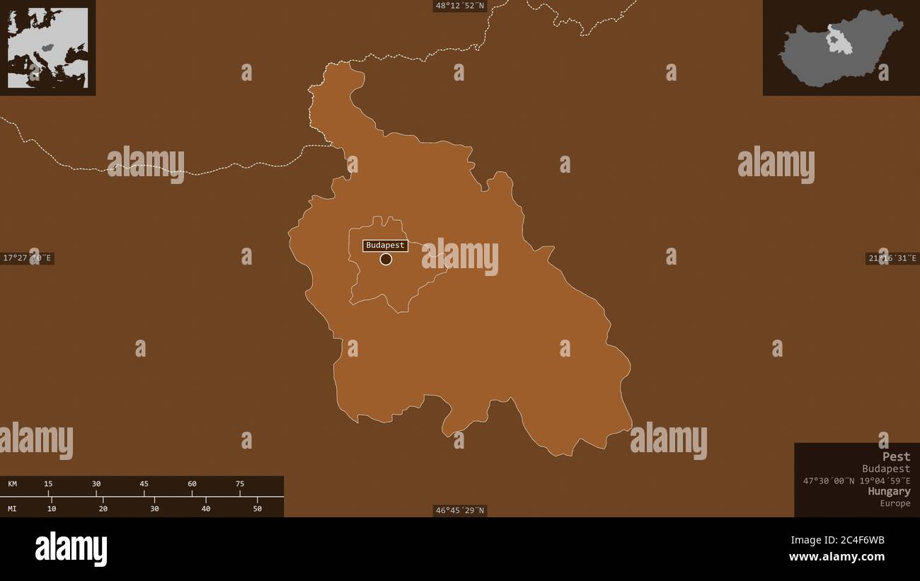 Pest, county of Hungary. Patterned solids with lakes and rivers. Shape ...