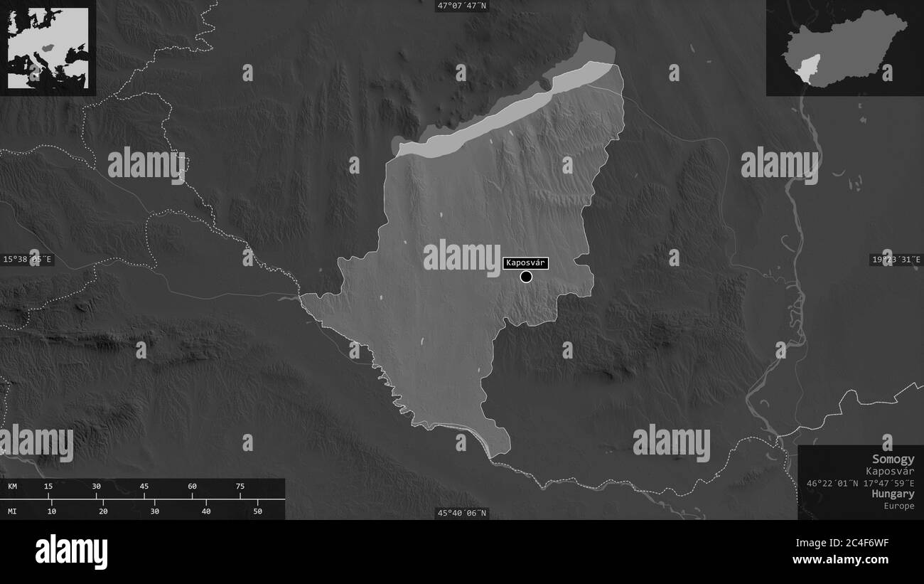 Somogy, county of Hungary. Grayscaled map with lakes and rivers. Shape ...