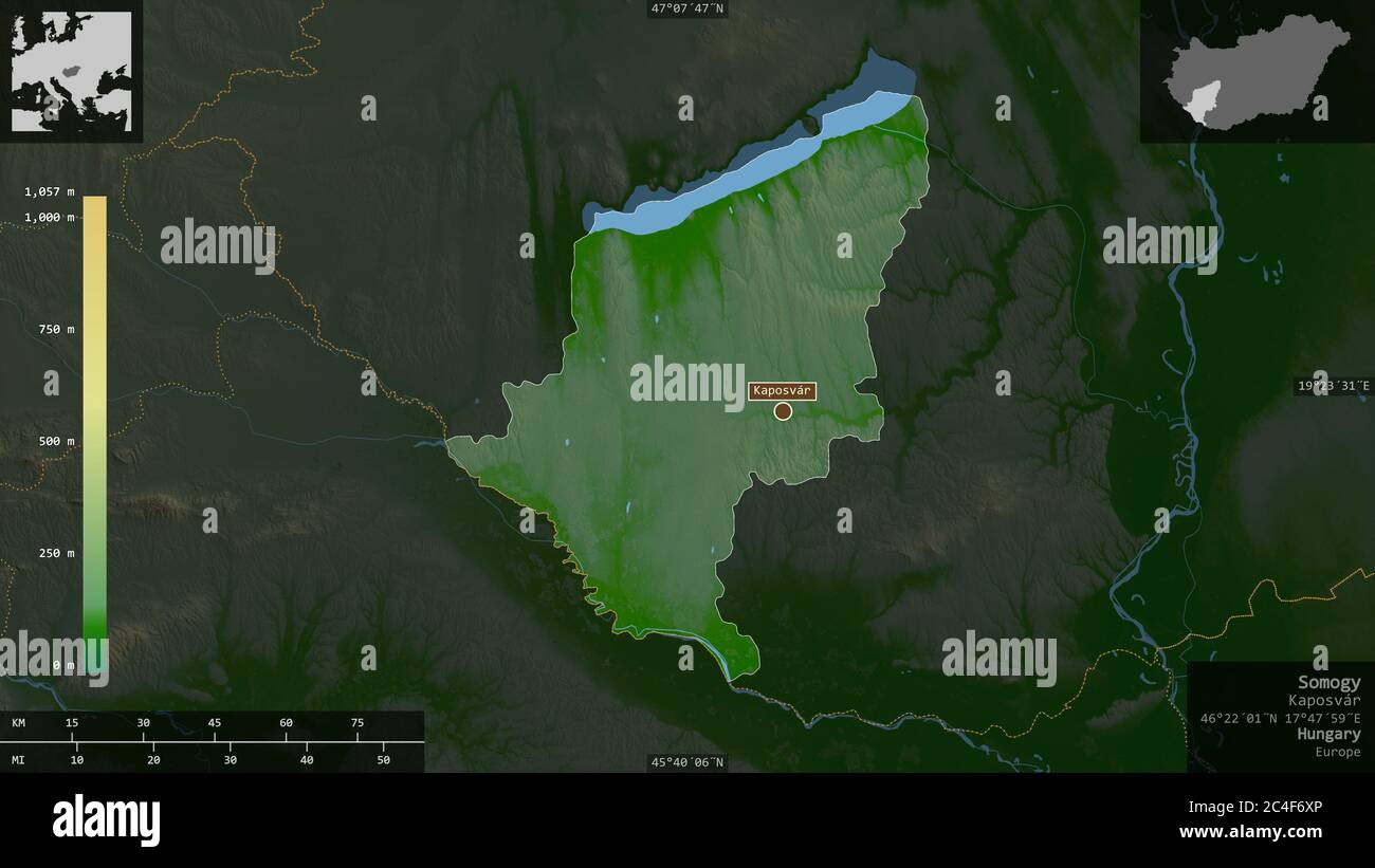 Somogy, county of Hungary. Colored shader data with lakes and rivers ...