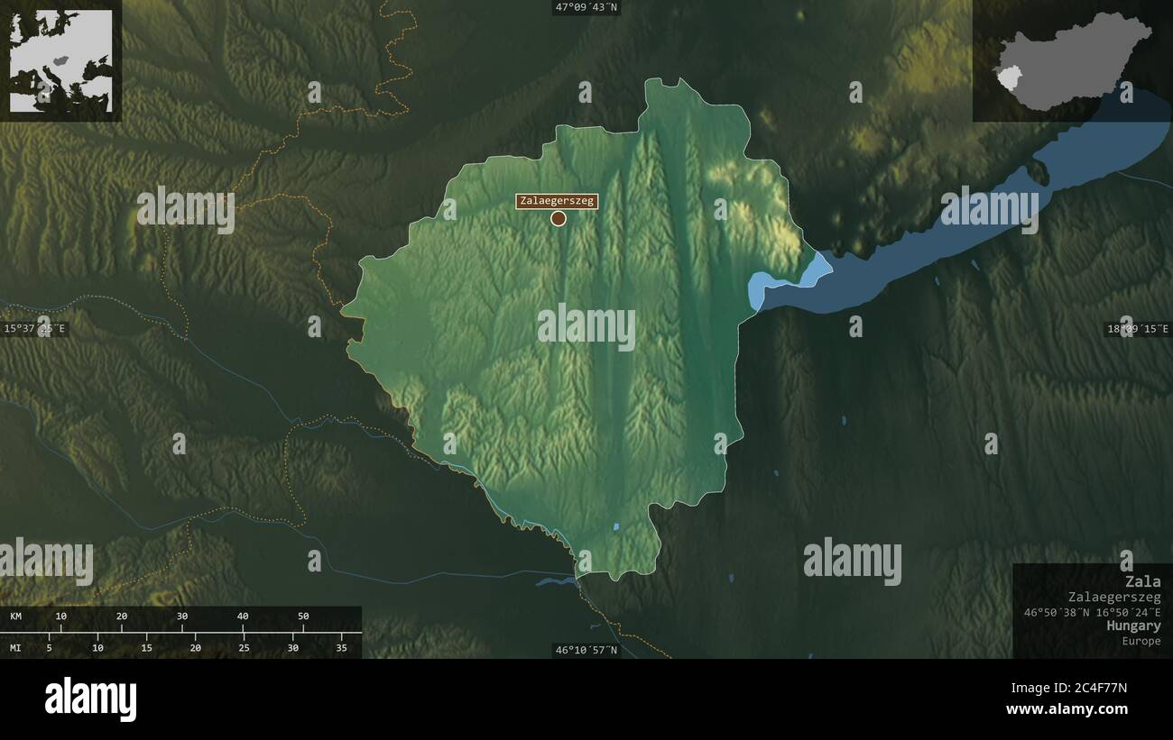 Zala, county of Hungary. Colored relief with lakes and rivers. Shape ...