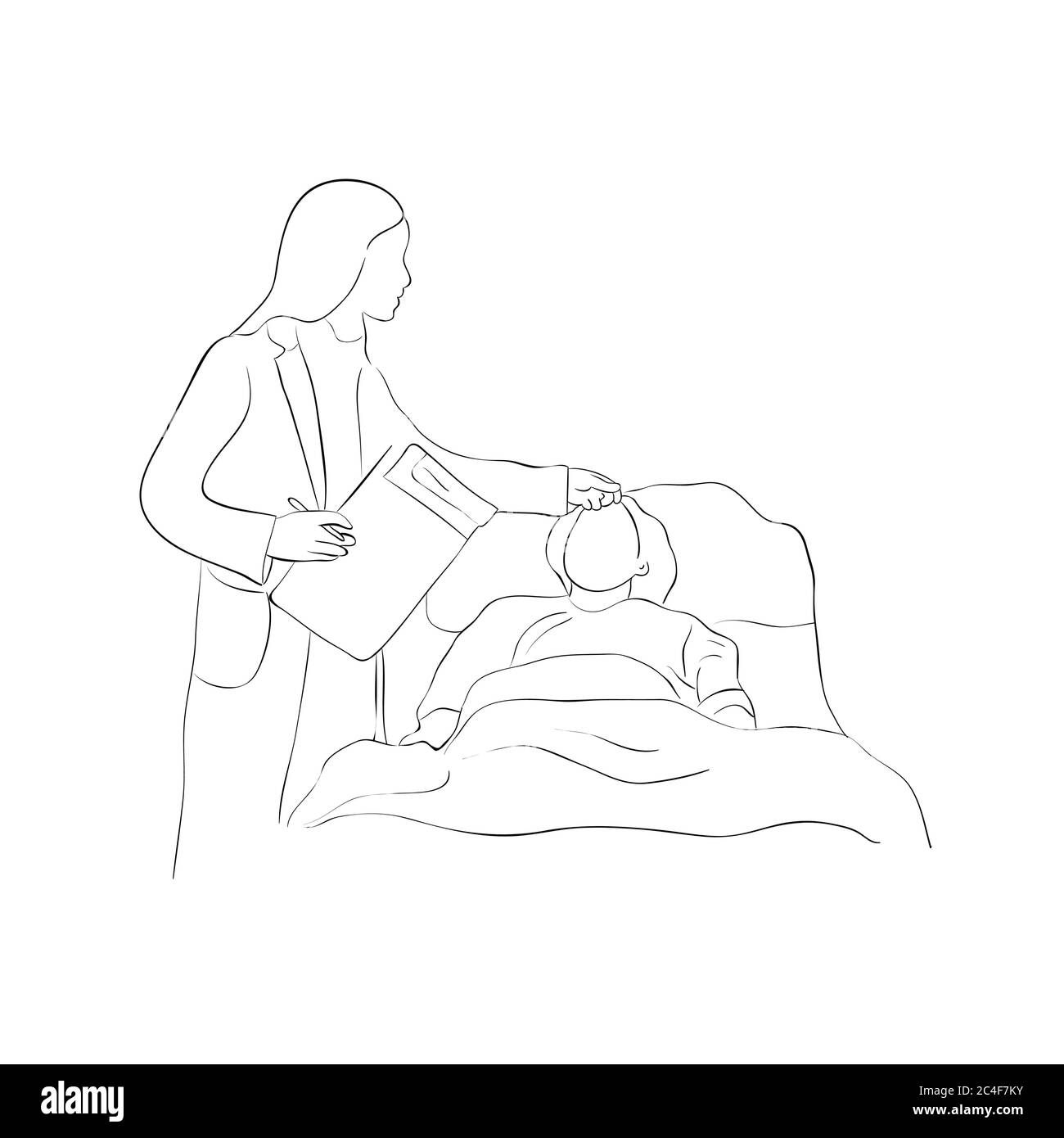 Young doctor in a hospital examining a patient touching forehead ...