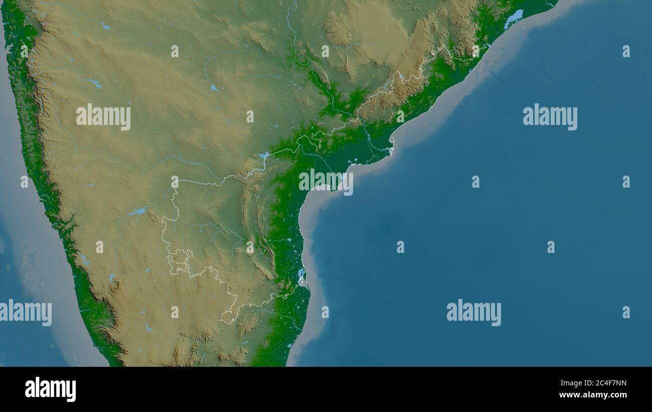 Andhra Pradesh, state of India. Colored shader data with lakes and ...