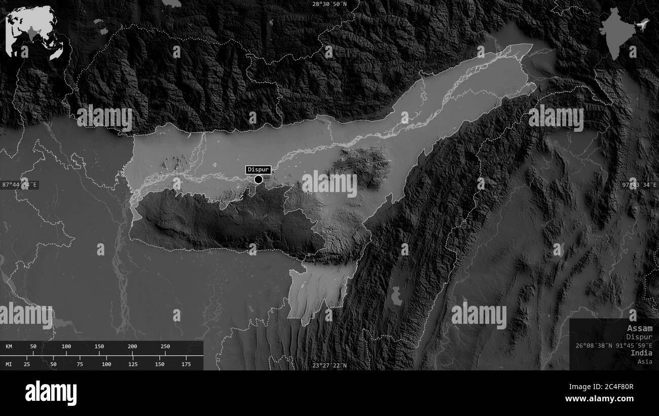 Assam, state of India. Grayscaled map with lakes and rivers. Shape ...