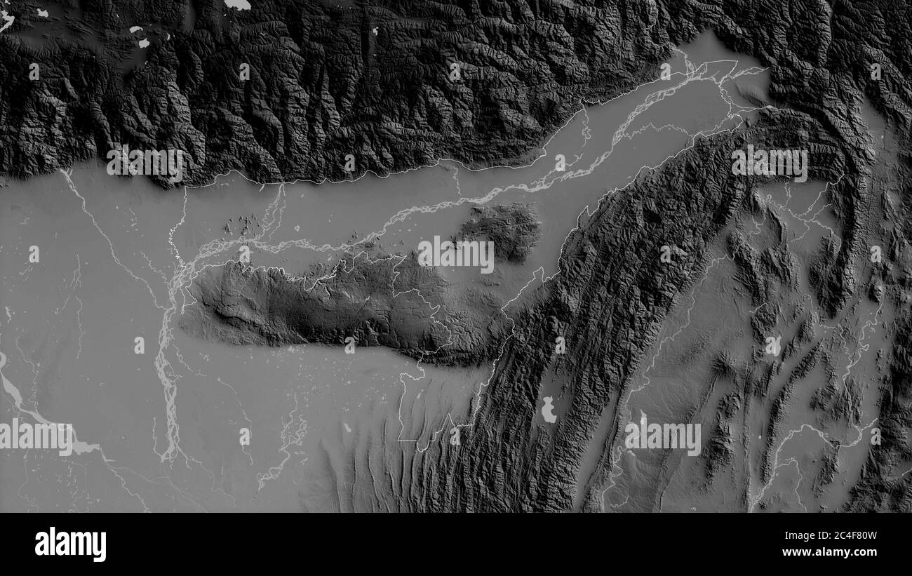 Assam, state of India. Grayscaled map with lakes and rivers. Shape ...