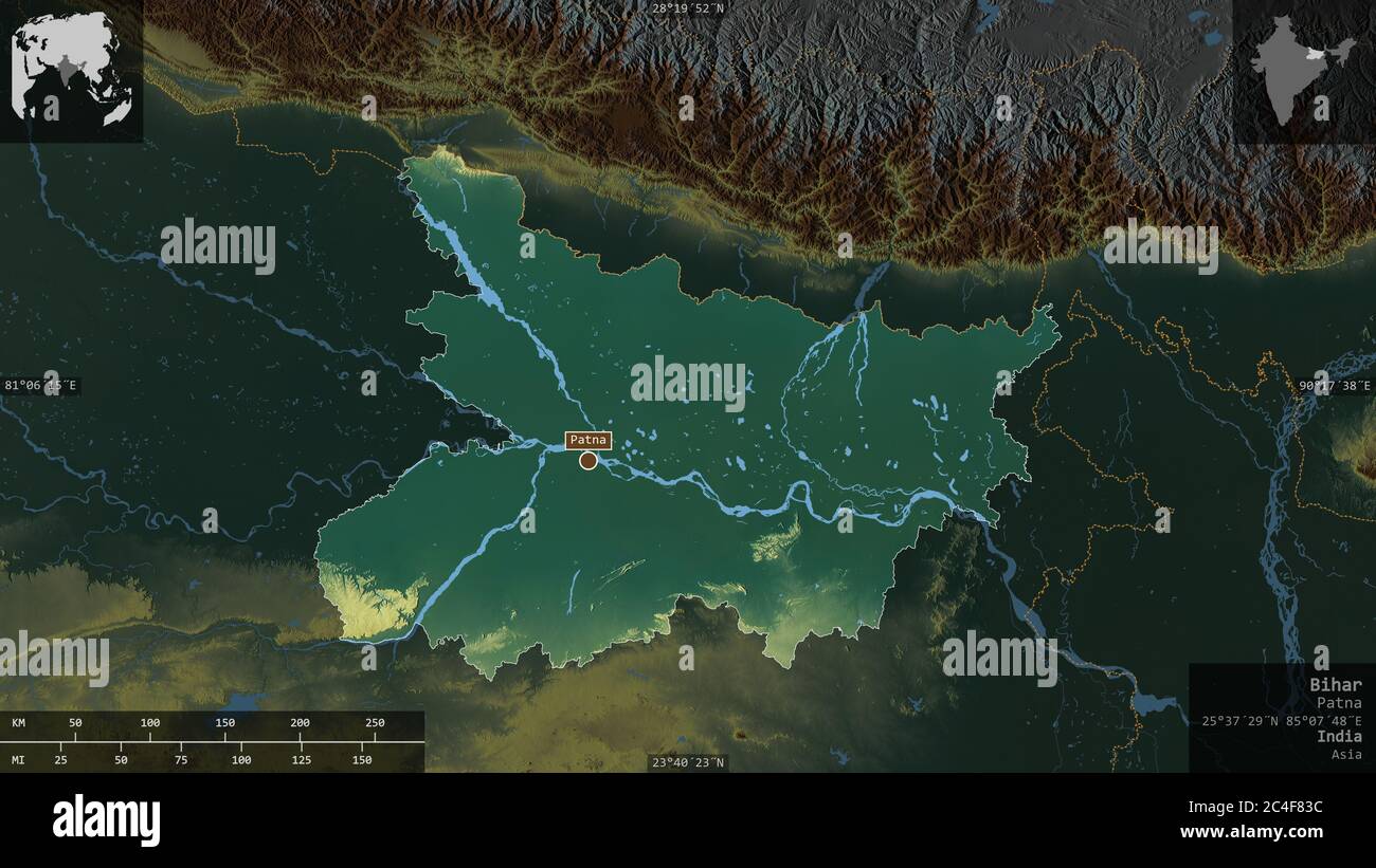 Bihar, state of India. Colored relief with lakes and rivers. Shape ...