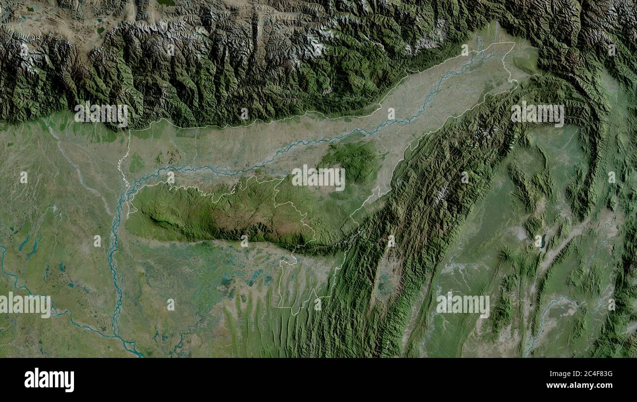 Assam, state of India. Satellite imagery. Shape outlined against its ...