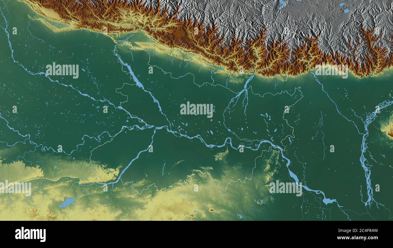 Bihar, state of India. Colored relief with lakes and rivers. Shape ...