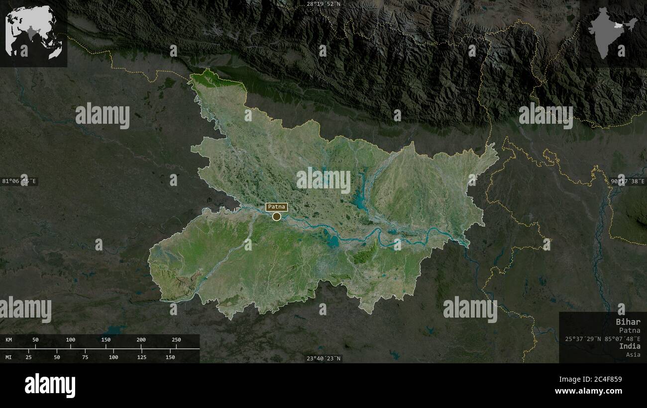 Bihar, state of India. Satellite imagery. Shape presented against its ...