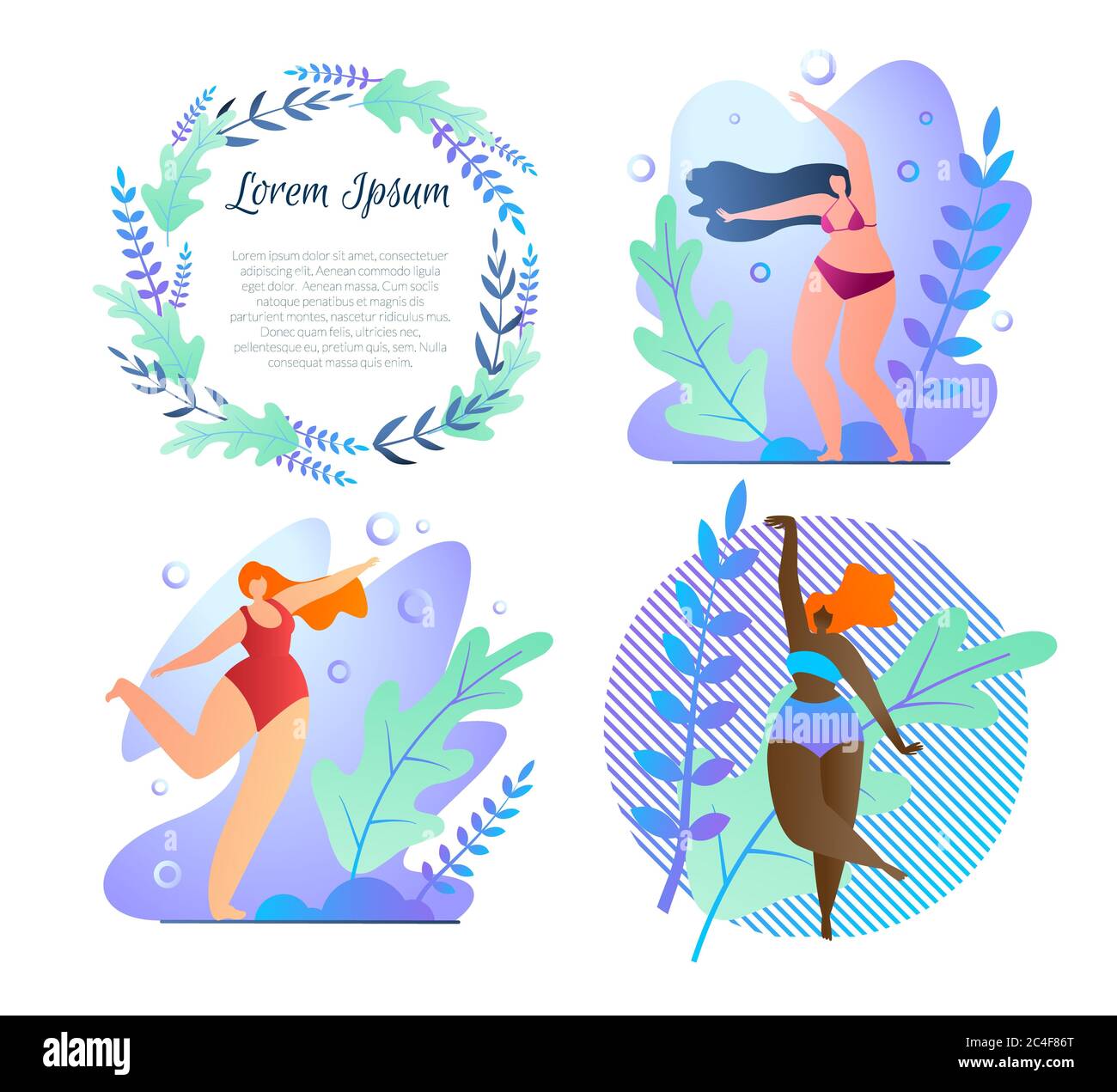 Set Poster Beautiful Wreath and Dancing Girls. Card with Frame Leaves ...