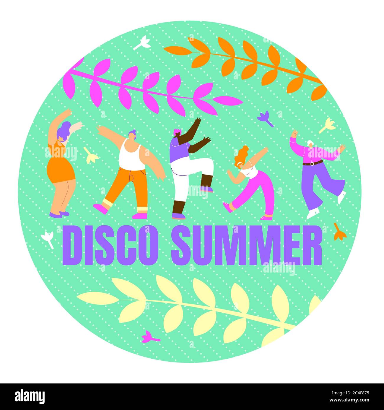 Poster with Inscription Disco Summer Cartoon. Flyer Men and Women Learn ...