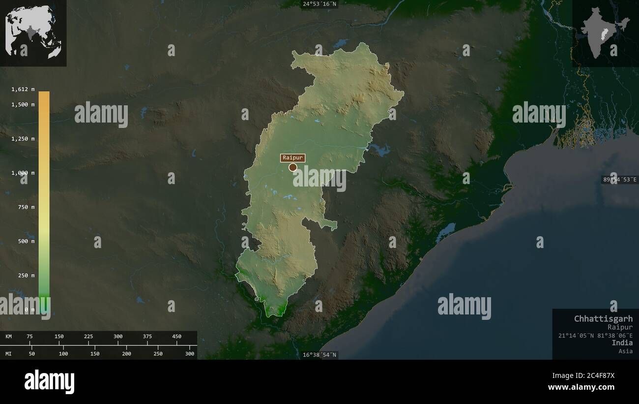 Chhattisgarh, state of India. Colored shader data with lakes and rivers ...