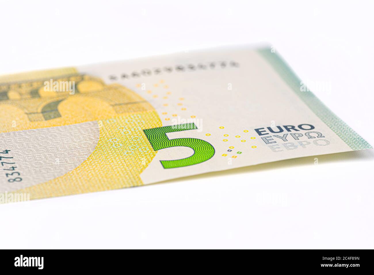 Macro shot of a European Union banknote of 5 EUR, close-up of the ...