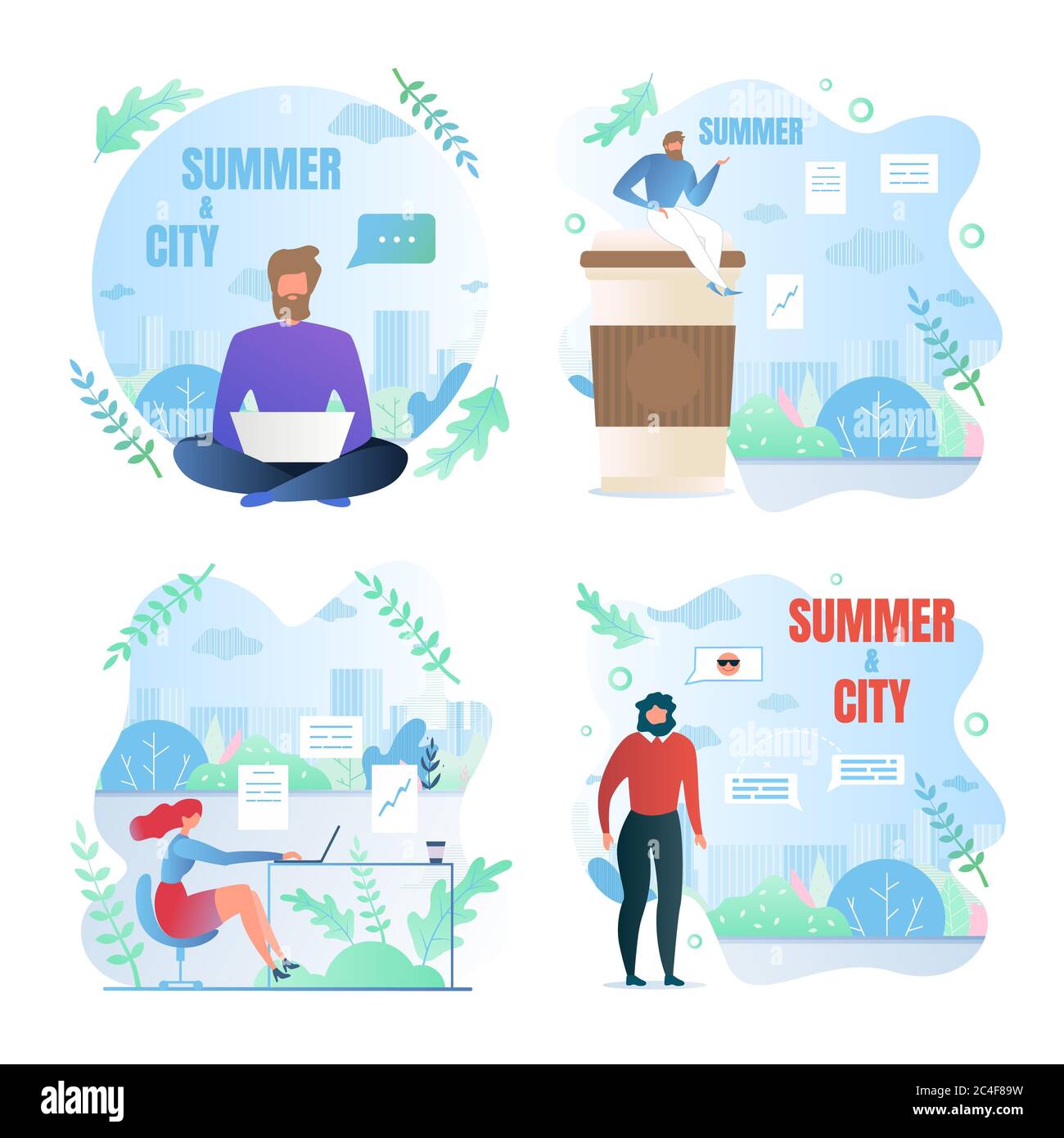 Set Working Summer People, Summer City Cartoon. Work in City During ...