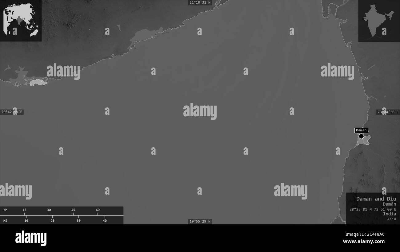 Daman and Diu, union territory of India. Grayscaled map with lakes and ...