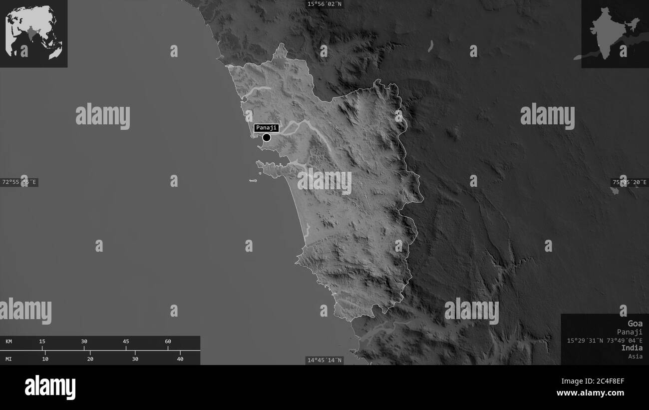 Goa, state of India. Grayscaled map with lakes and rivers. Shape ...