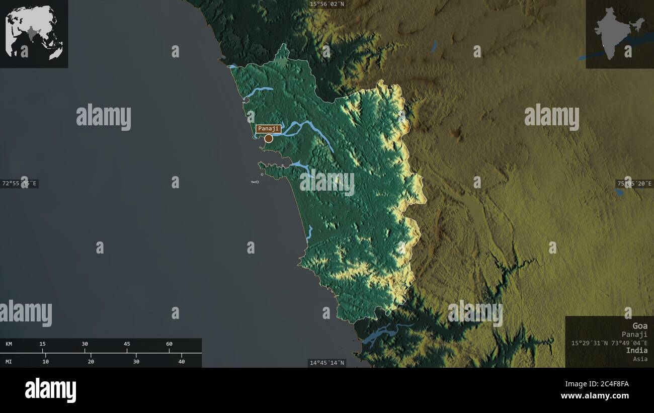 Goa, state of India. Colored relief with lakes and rivers. Shape ...