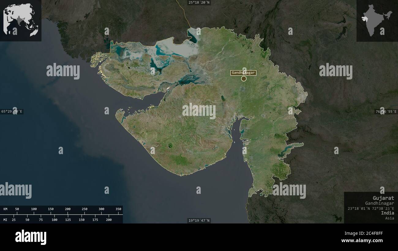 Gujarat, state of India. Satellite imagery. Shape presented against its ...