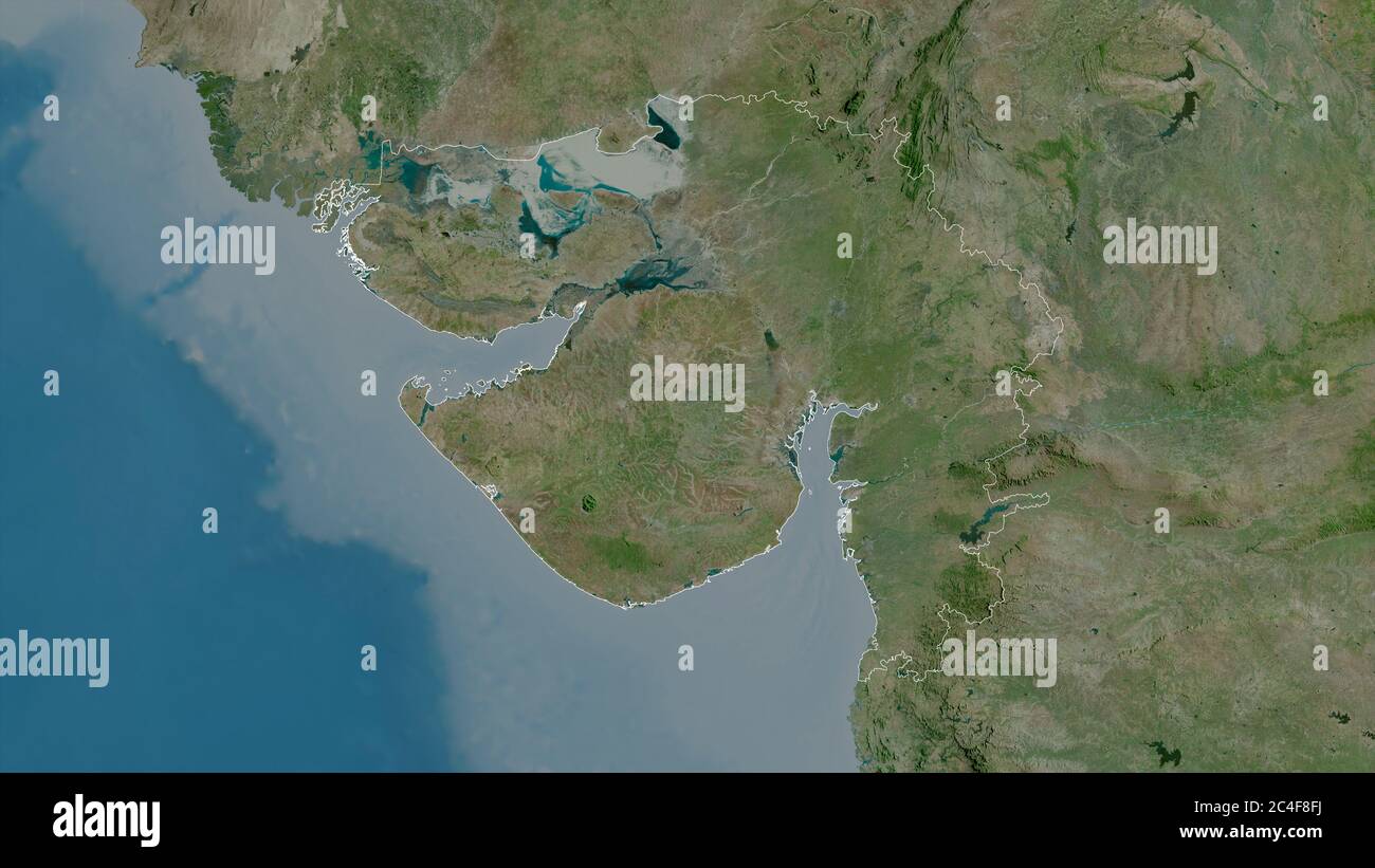 Gujarat, state of India. Satellite imagery. Shape outlined against its ...