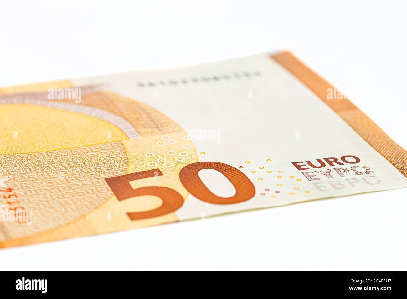 Macro shot of a European Union banknote of 50 EUR, close-up of the ...
