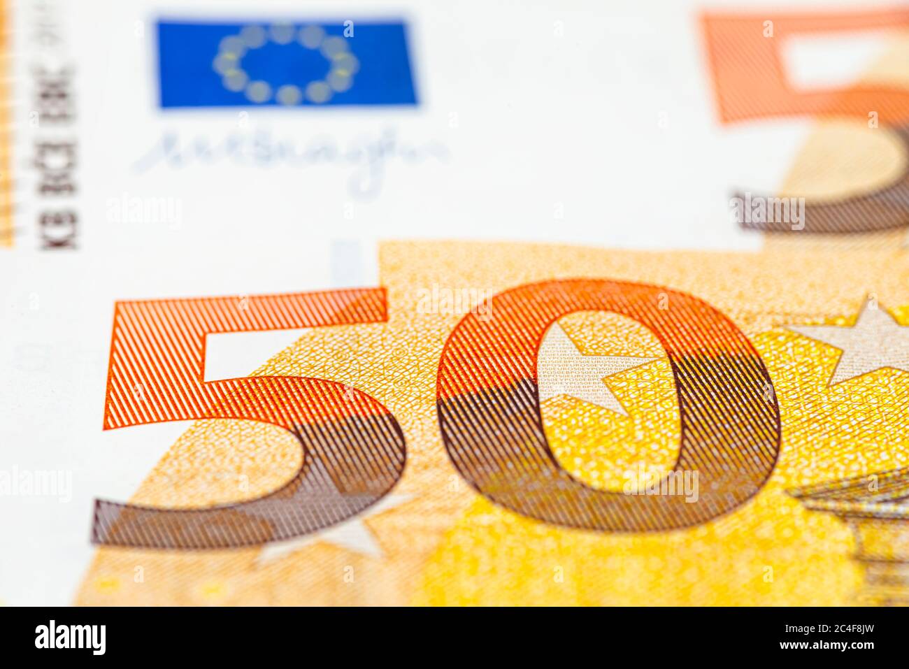Macro shot of a European Union banknote of 50 EUR, close-up of the ...