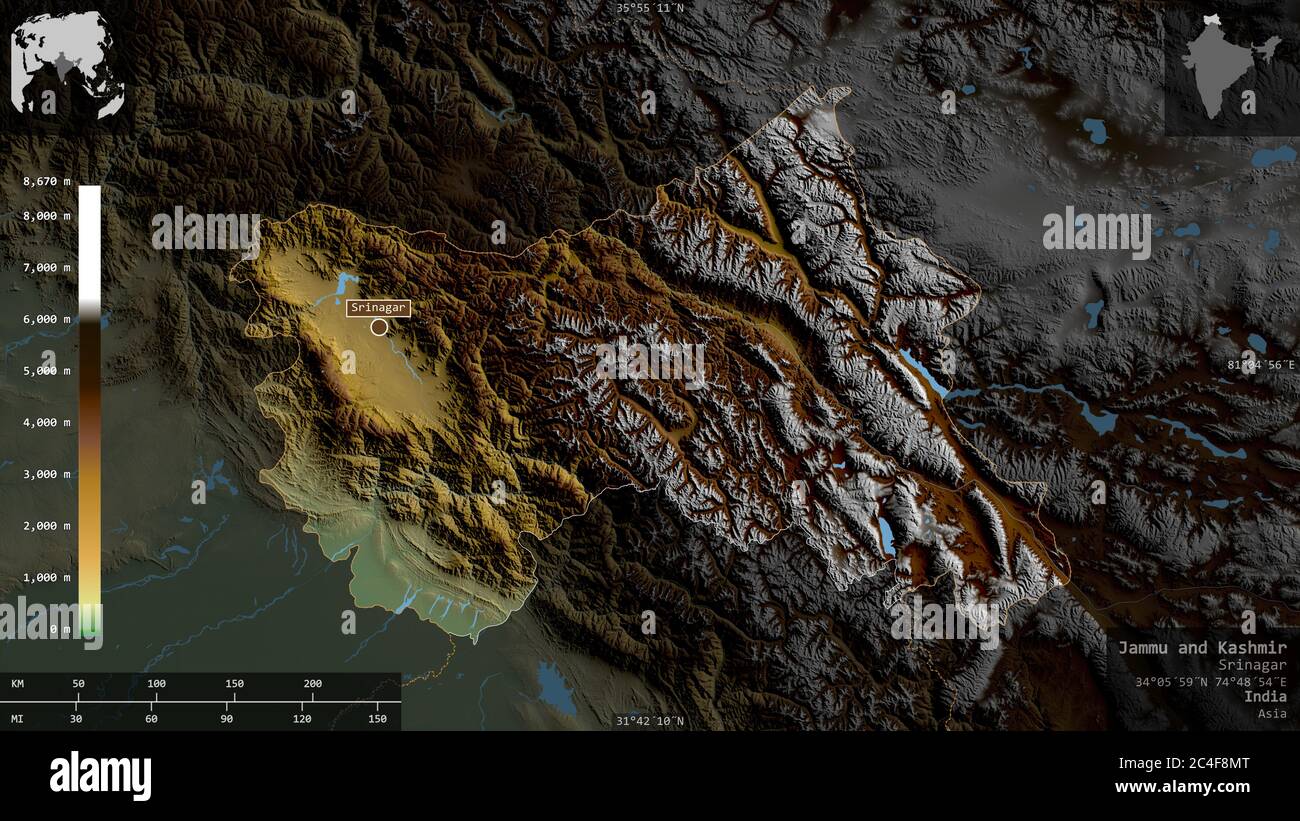 Jammu and Kashmir, state of India. Colored shader data with lakes and ...