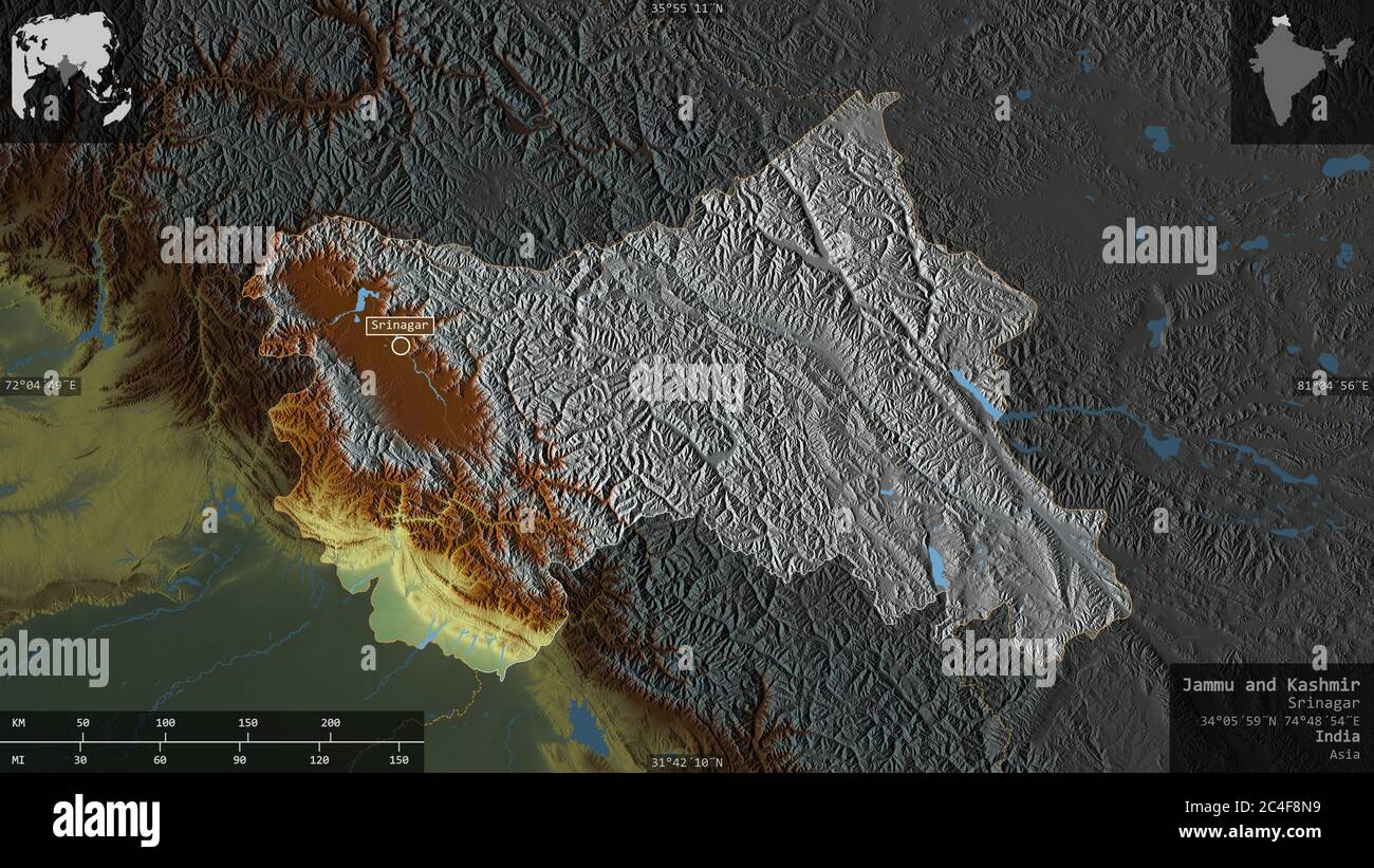 Jammu and Kashmir, state of India. Colored relief with lakes and rivers ...