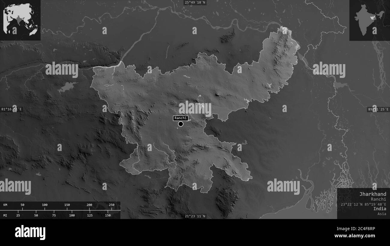Jharkhand, state of India. Grayscaled map with lakes and rivers. Shape ...