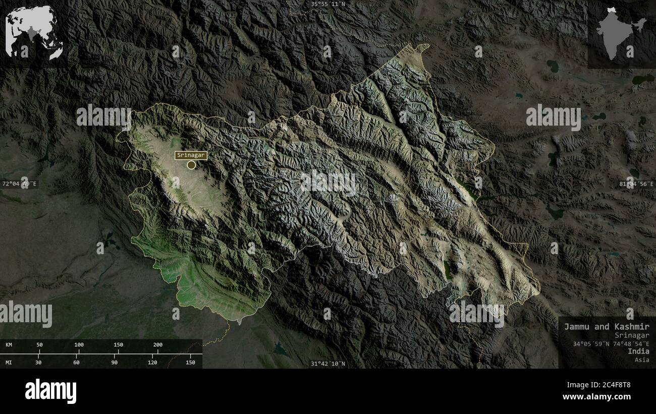 Jammu and Kashmir, state of India. Satellite imagery. Shape presented ...