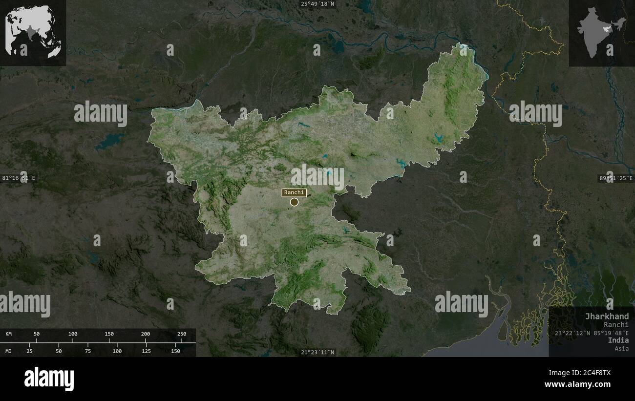 Jharkhand, state of India. Satellite imagery. Shape presented against ...