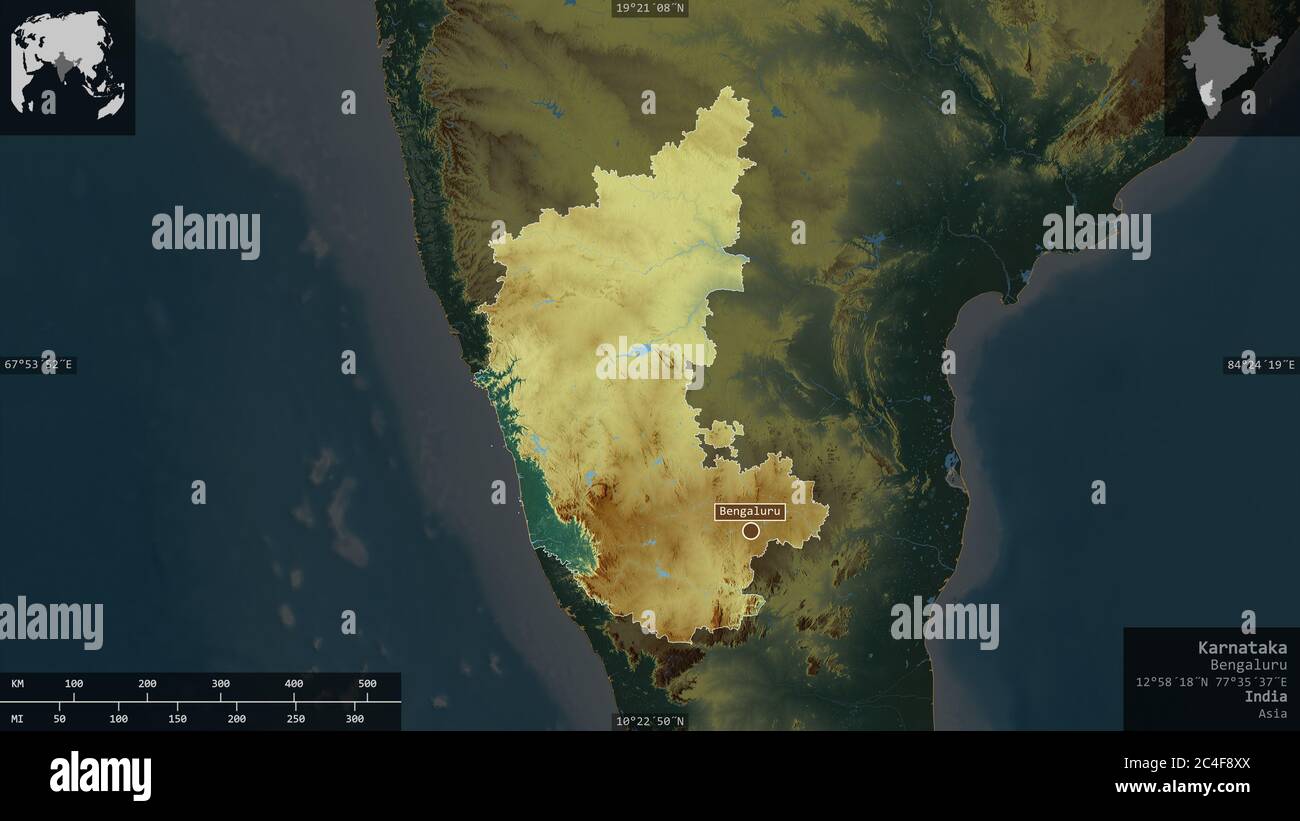 Karnataka, state of India. Colored relief with lakes and rivers. Shape ...