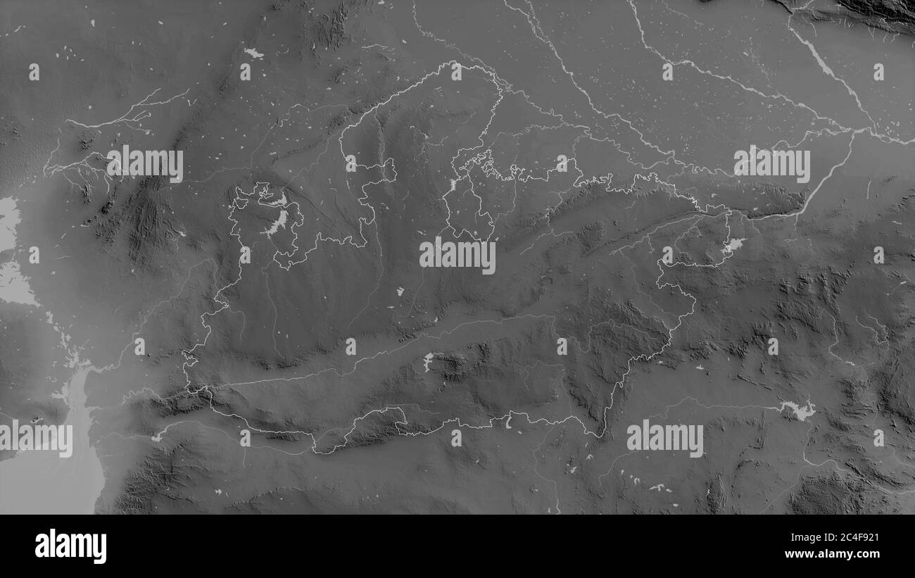 Madhya Pradesh, state of India. Grayscaled map with lakes and rivers ...