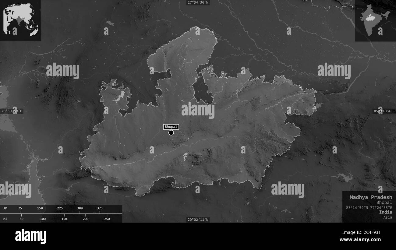 Madhya Pradesh, state of India. Grayscaled map with lakes and rivers ...