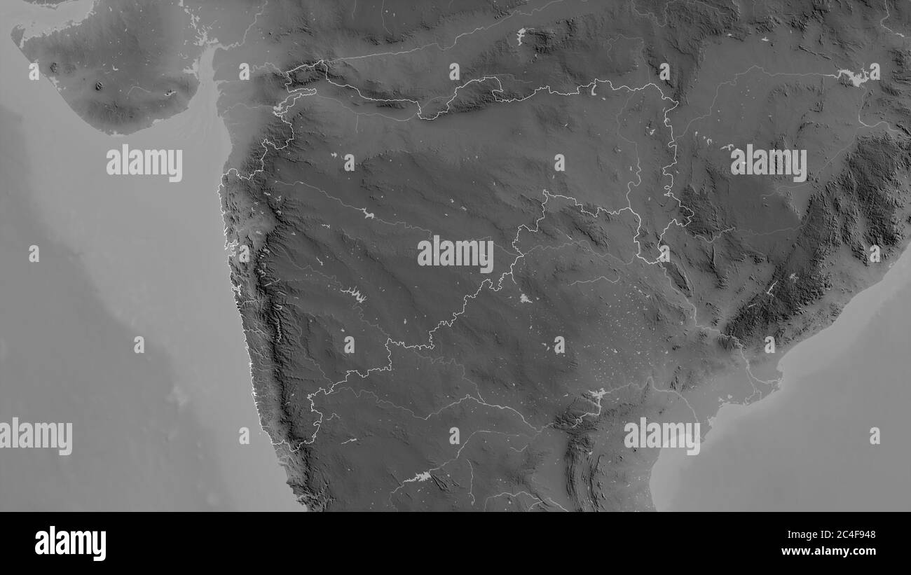 Maharashtra, state of India. Grayscaled map with lakes and rivers ...