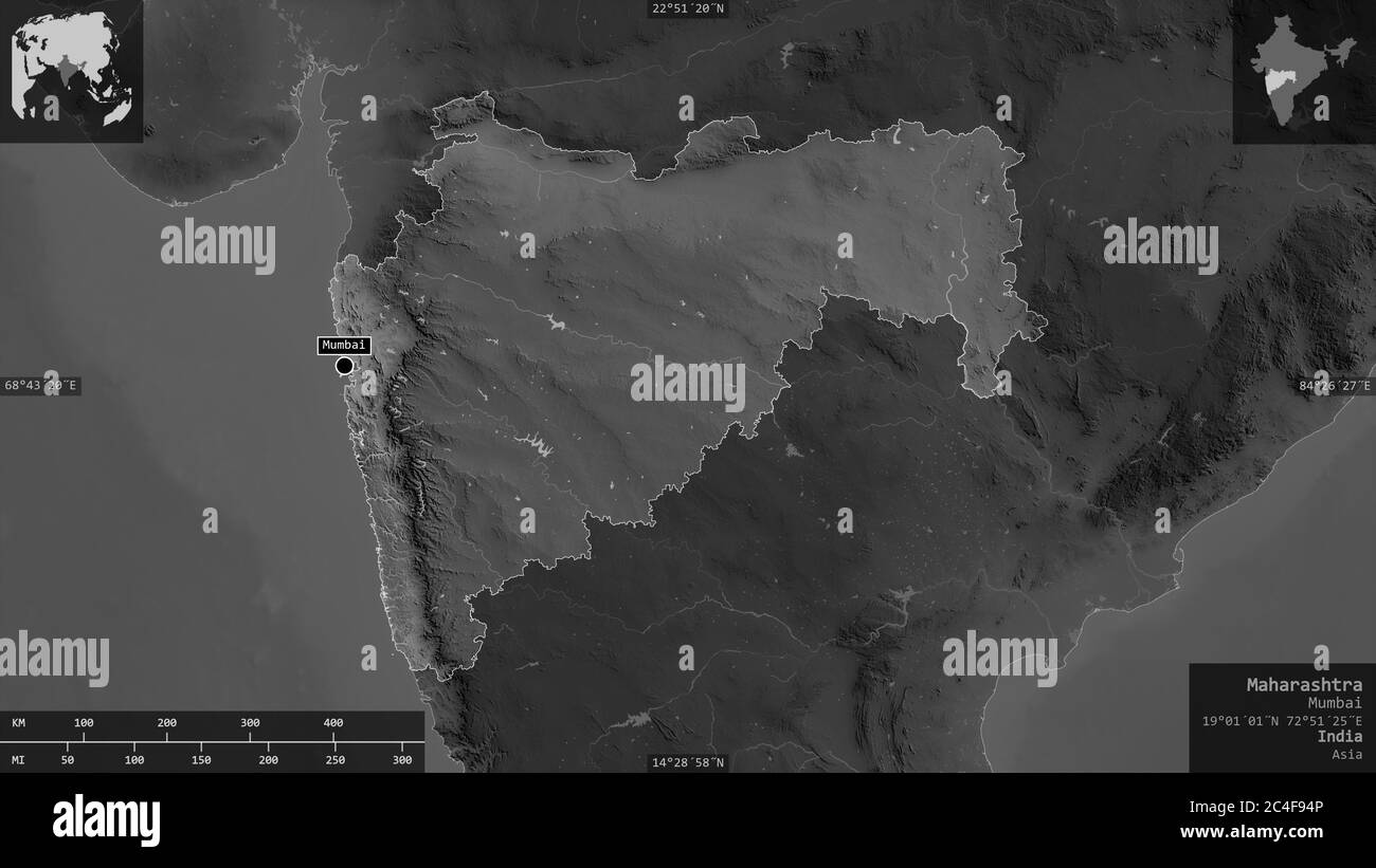 Maharashtra, state of India. Grayscaled map with lakes and rivers ...