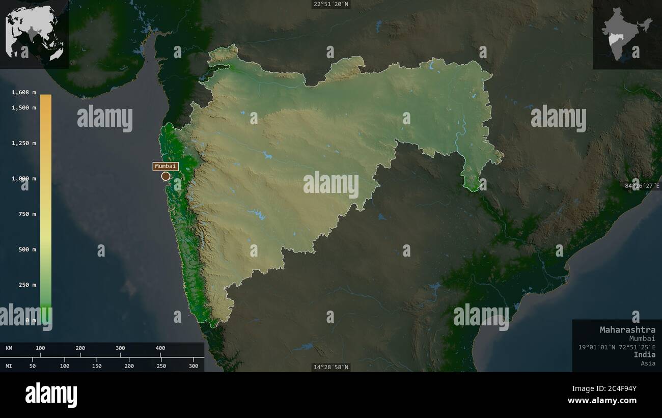 Maharashtra, state of India. Colored shader data with lakes and rivers ...