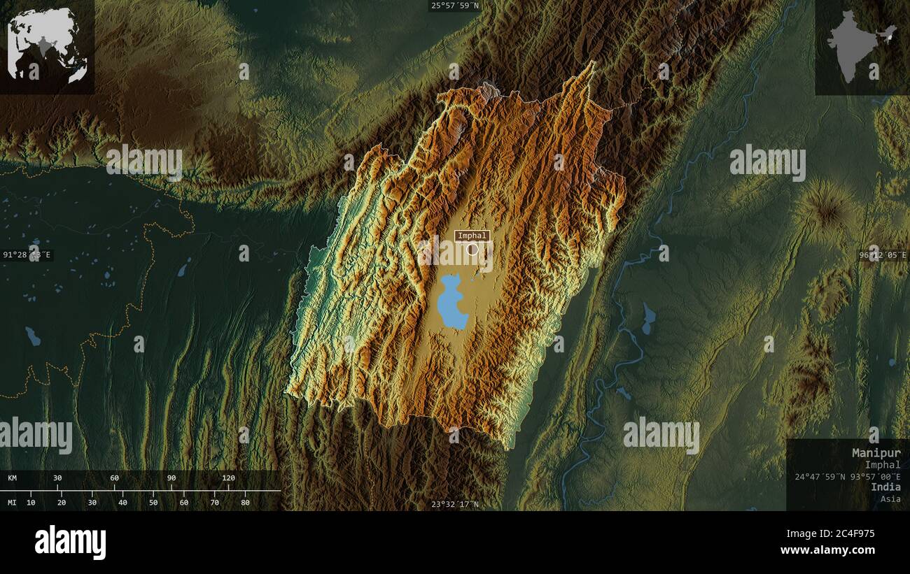 Manipur, state of India. Colored relief with lakes and rivers. Shape ...