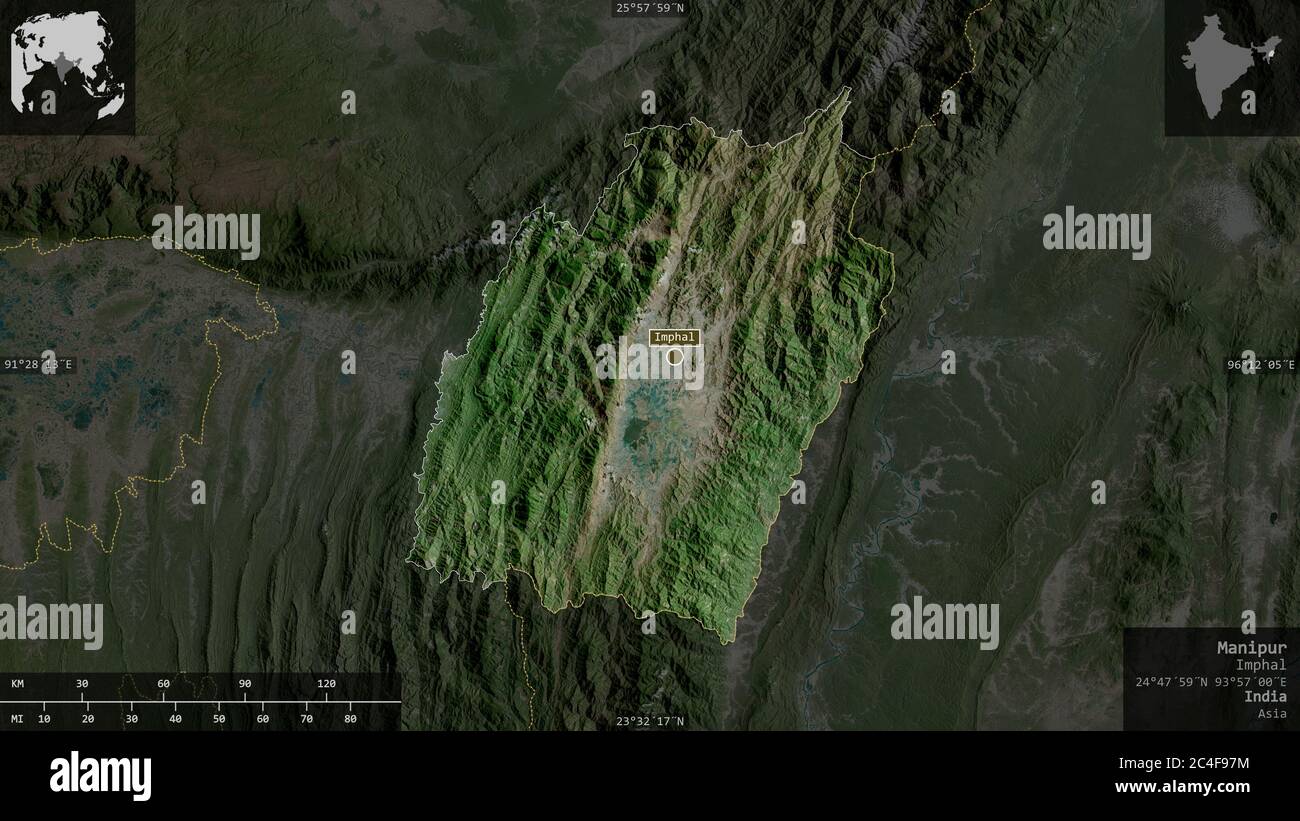 Manipur, state of India. Satellite imagery. Shape presented against its ...