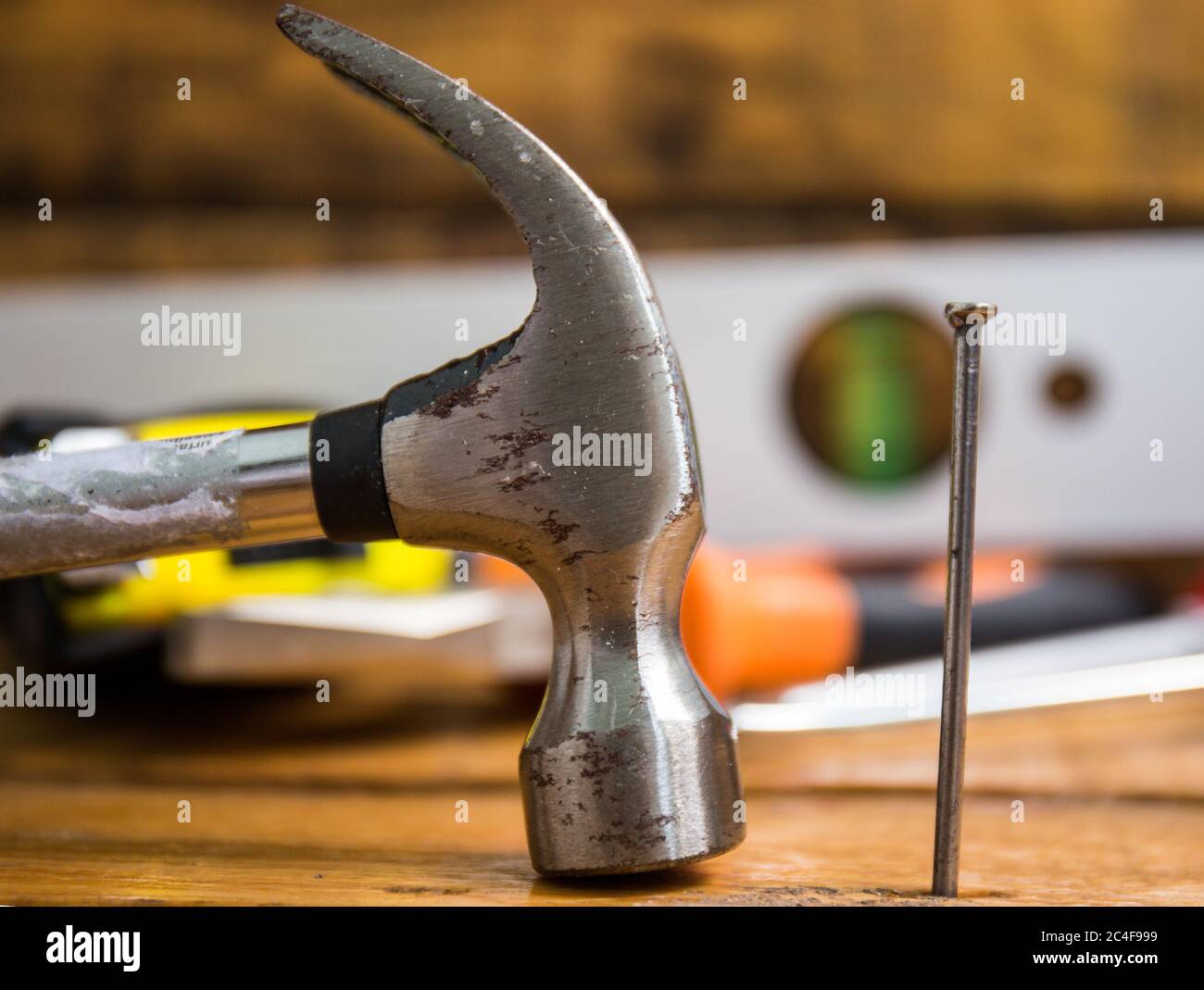 Tools for working on a wooden background, place for text. There is a ...