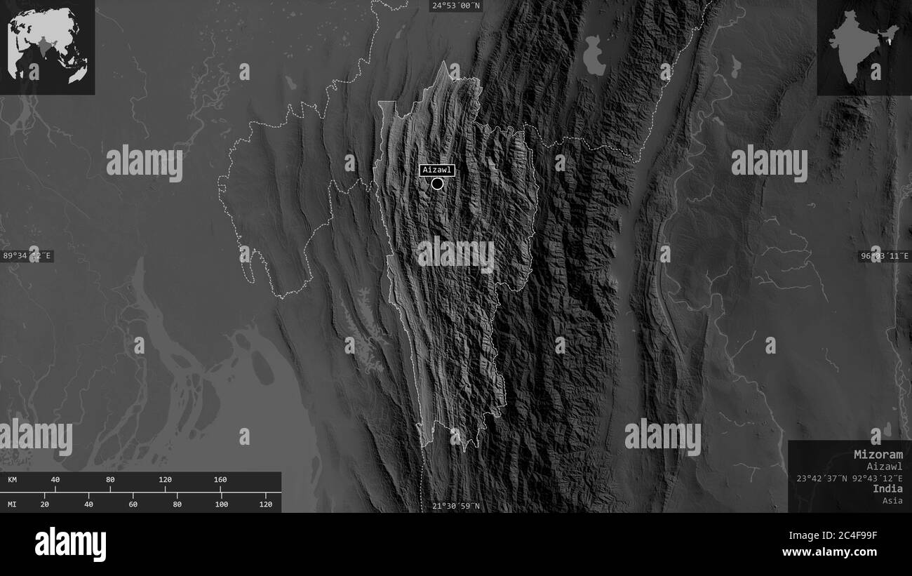 Mizoram, state of India. Grayscaled map with lakes and rivers. Shape ...