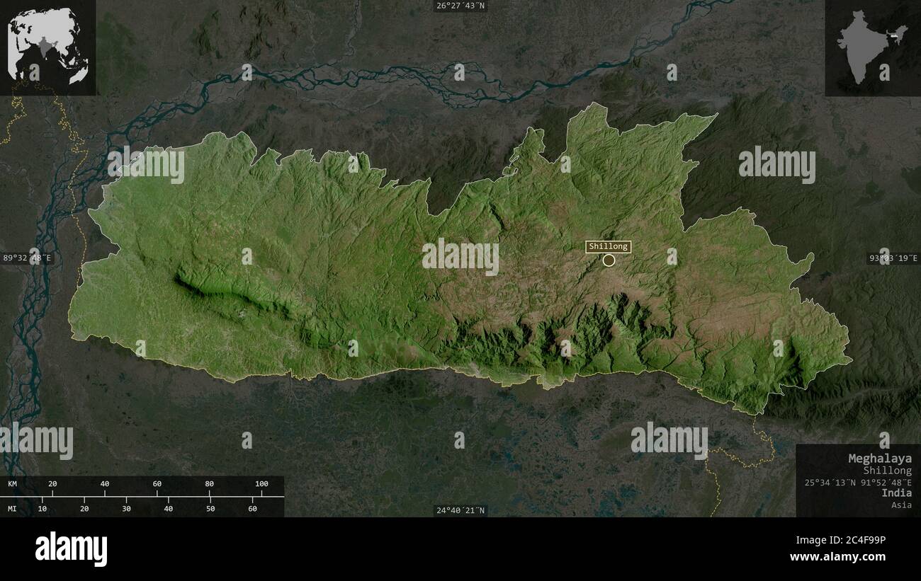 Meghalaya, state of India. Satellite imagery. Shape presented against ...