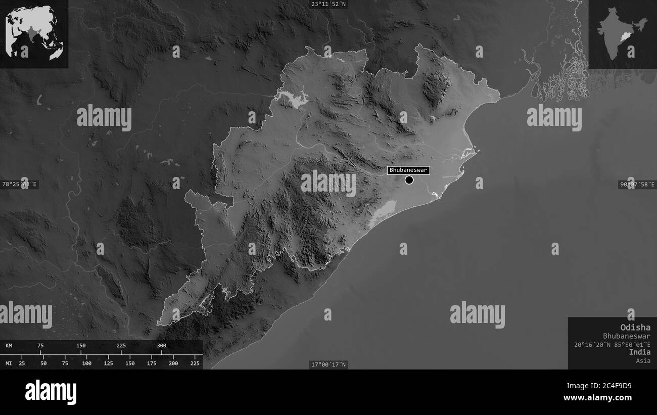 Odisha, state of India. Grayscaled map with lakes and rivers. Shape ...