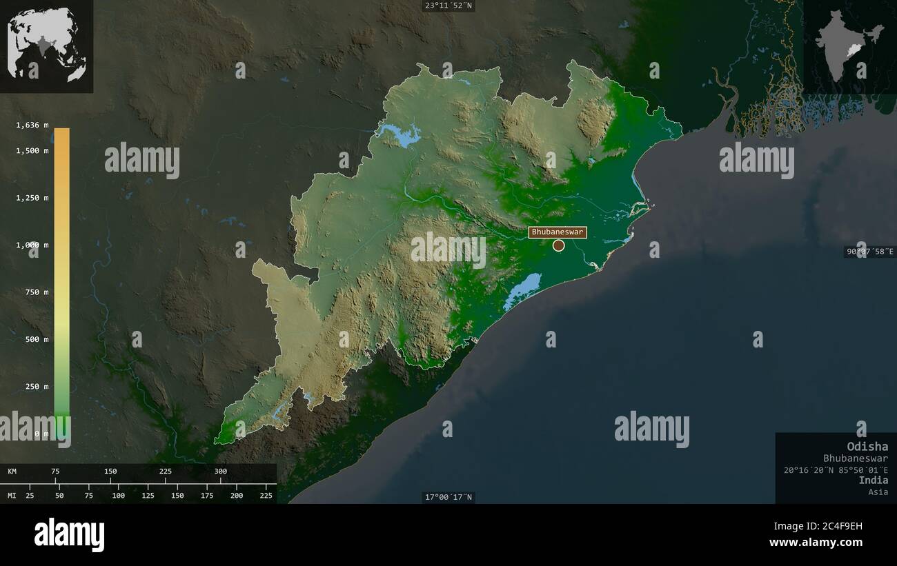 Odisha, state of India. Colored shader data with lakes and rivers ...