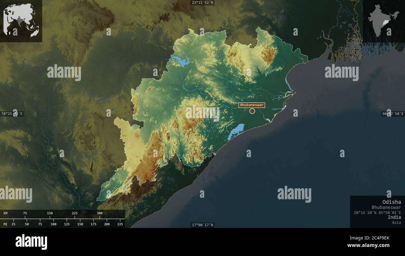 Odisha, state of India. Colored relief with lakes and rivers. Shape ...