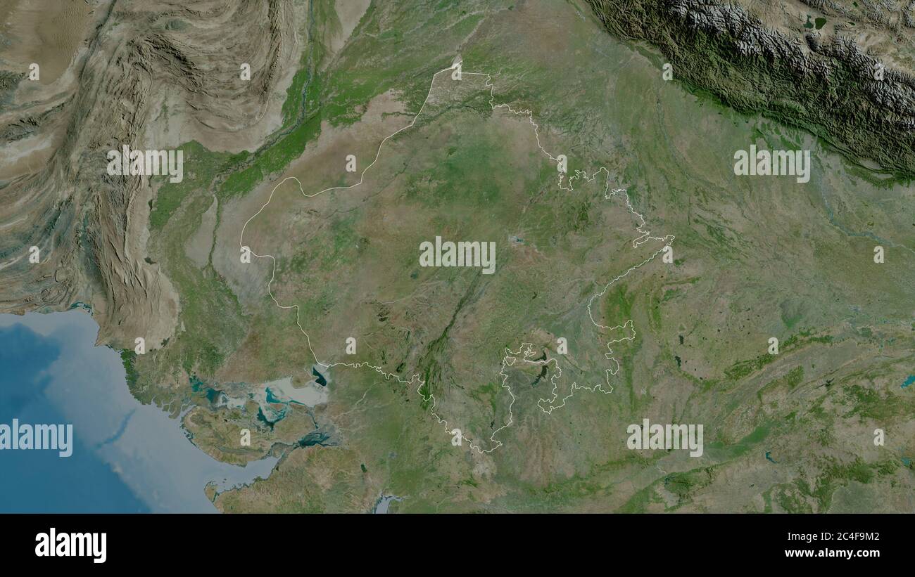 Rajasthan, state of India. Satellite imagery. Shape outlined against ...