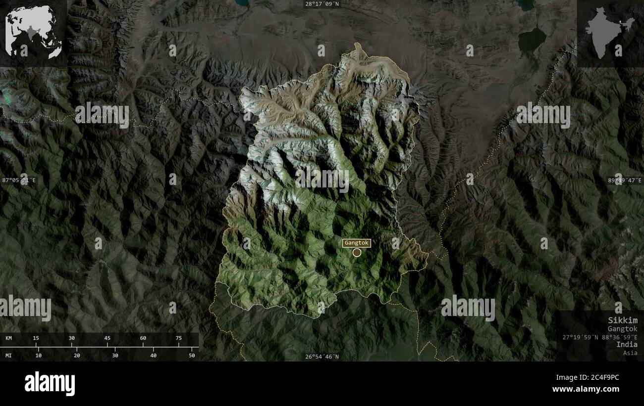 Sikkim, state of India. Satellite imagery. Shape presented against its ...