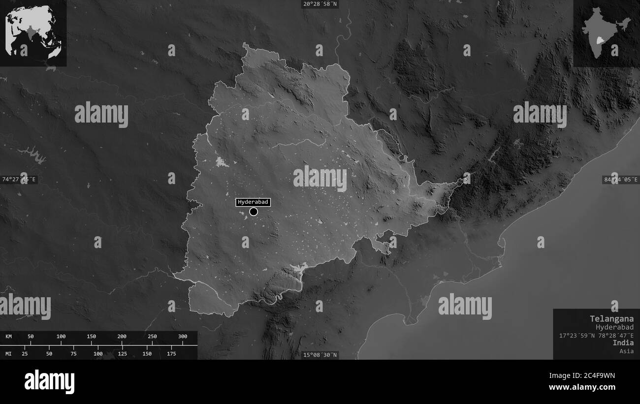 Telangana, state of India. Grayscaled map with lakes and rivers. Shape ...