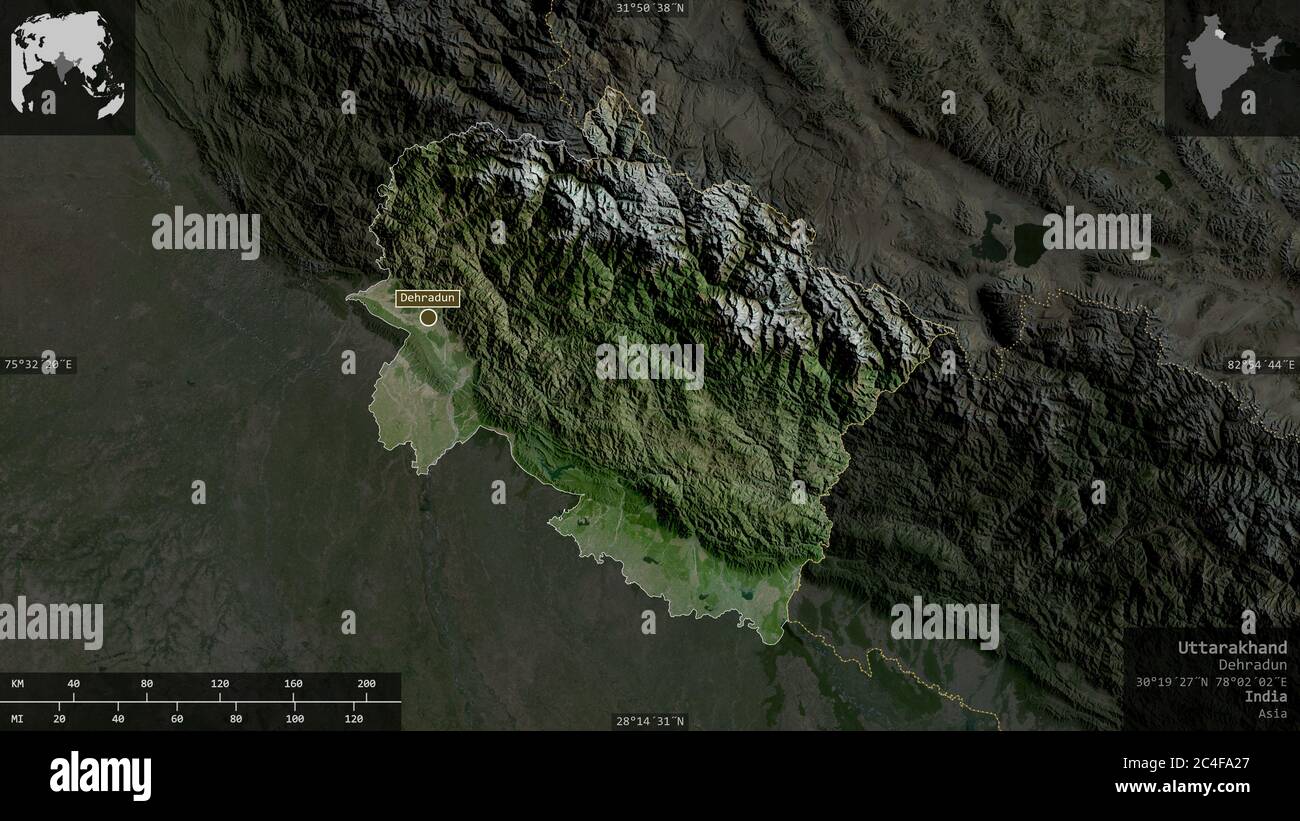 Uttarakhand, state of India. Satellite imagery. Shape presented against ...